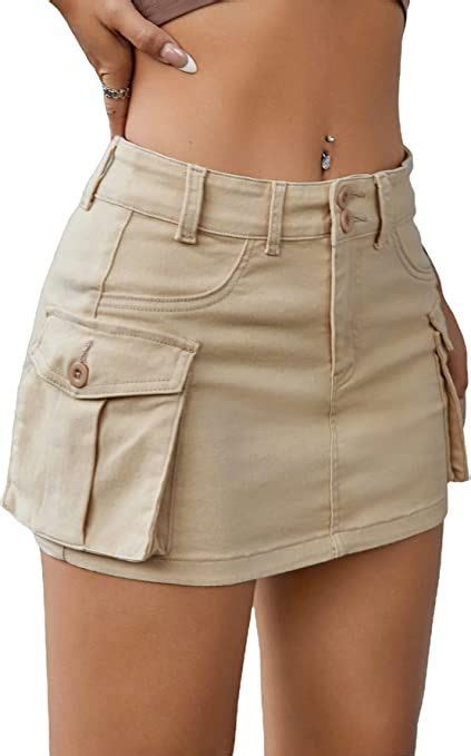Wdirara Womens Low Waist Button Bodycon Mini Cargo Denim Skirt With