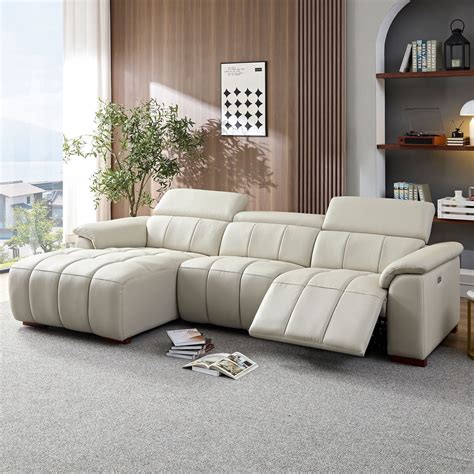 Kevinplus Wall Hugger Reclining Sofa Modern Manual Control Genuine Leather L Shaped Couch Lounge
