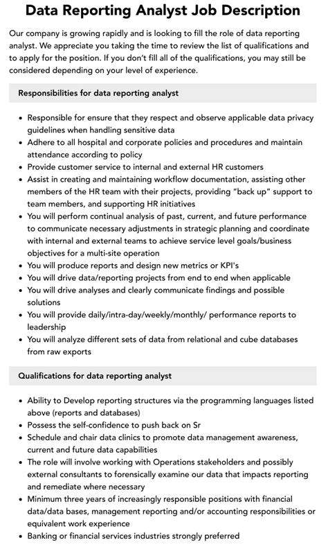 Data Reporting Analyst Job Description Velvet Jobs
