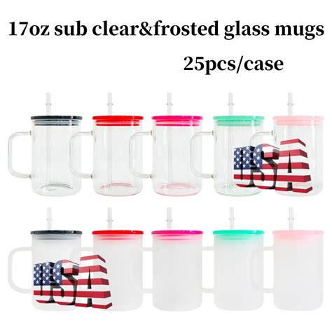 25 Pack Usa Warehouse 17oz Clearandfrosted Glass Mugs With Lids And Stra