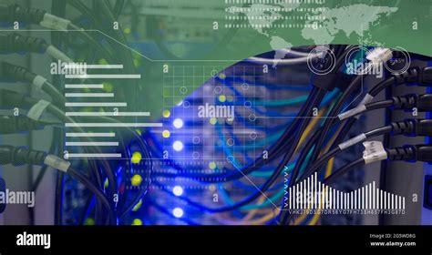 Data Processing Over Close Up View Of Computer Server Against Green Technology Background Stock