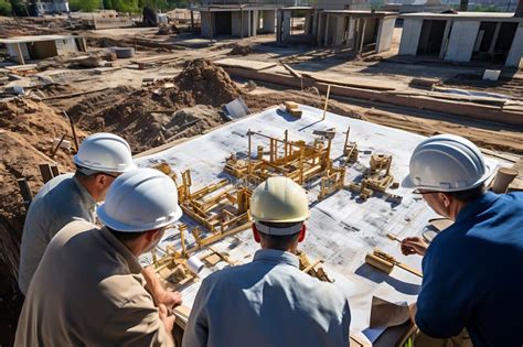 Engineers Discussing Over Blueprint At Construction Site Engineering