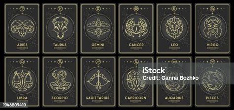 밤하늘에 점성술 조디악 표지판이 있는 현대 마법 마법 카드 세트 조디악 특성 조디악 아이콘 벡터 일러스트 레이 션 개체 그룹에 대한 스톡 벡터 아트 및 기타 이미지 Istock