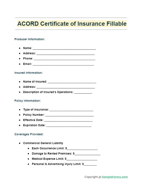 Certificate Of Insurance Template Free Printable