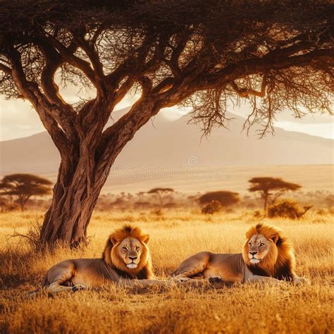 Two Majestic Wild Lions Resting Peacefully Under A Large Tree In The