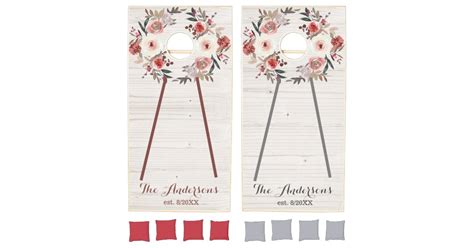 Rustic Wood Tone Monogram Floral Wreath Cornhole Cornhole Set Zazzle