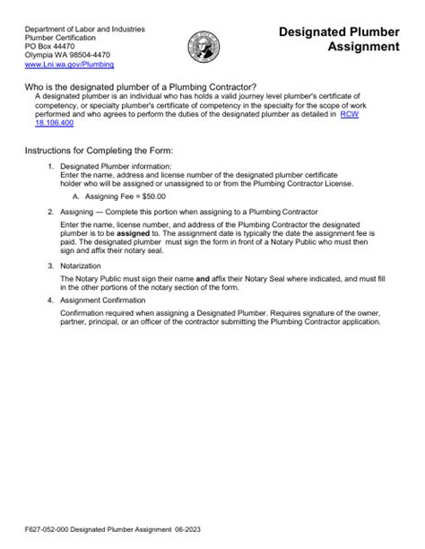 Form F627 052 000 Download Fillable Pdf Or Fill Online Designated Plumber Assignment Washington