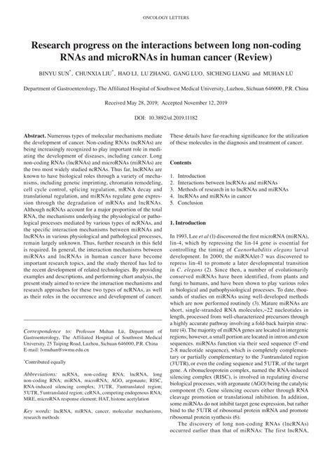 Pdf Research Progress On The Interactions Between Long Non‑coding