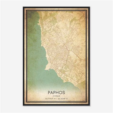 Vintage Paphos Cyprus Map Poster Paphos City Road Wall Art Print Custom Maps And Posters