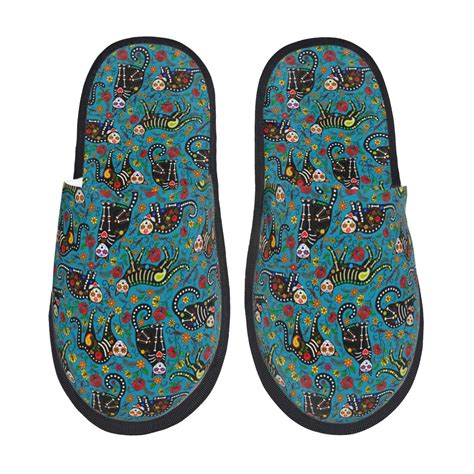 Daiia Skull Black Cats In Mexican Pattern Furry Slippers For Women And Men Soft Plush Indoor