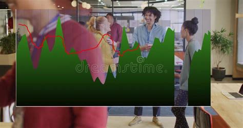 Business Graph Animation Over Diverse Colleagues Chatting In Modern