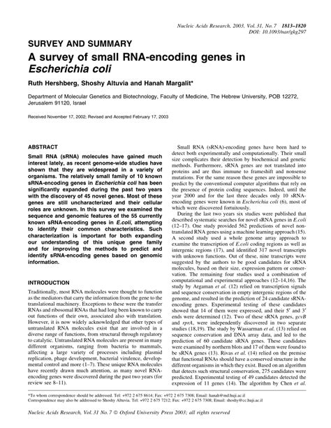 Pdf A Survey Of Small Rna Encoding Genes In Escherichia Coli