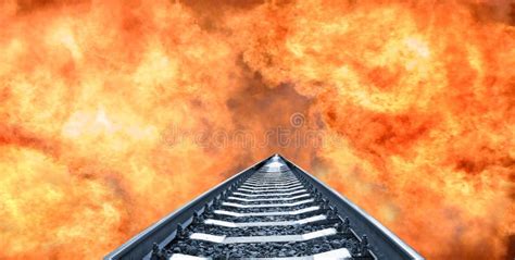 single track railway leaving a solid wall of fire stock illustration