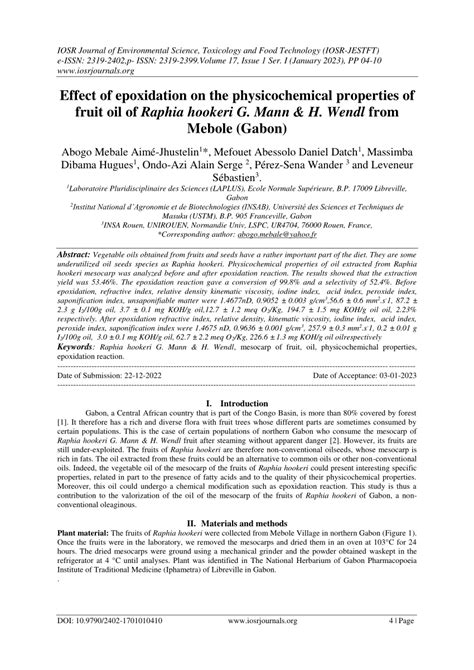 Pdf Effect Of Epoxidation On The Physicochemical Properties Of Fruit Oil Of Raphia Hookeri G