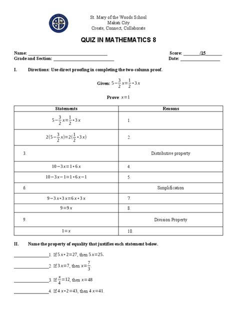grade 8 quiz direct proof pdf