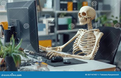 Skeleton Working At Computer In Office Environment Humorous Scene