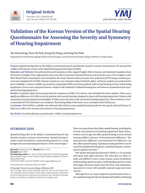 Pdf Validation Of The Korean Version Of The Spatial Hearing Questionnaire For Assessing The