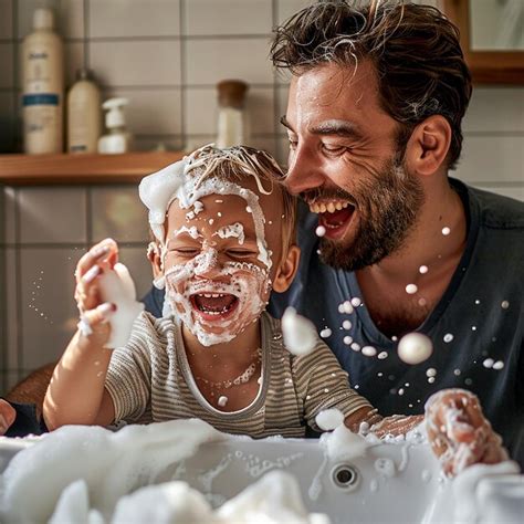 Father And Son Having Fun While Shaving In Bathroom Premium AI Generated Image