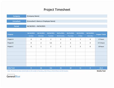 Project Timesheet Template Excel