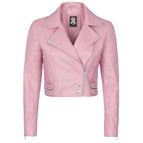 Pink Cropped Leather Biker Jacket For Women Moto Style Slim Fit Coat
