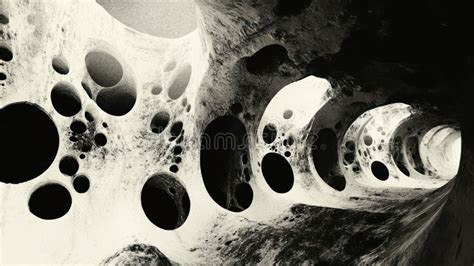 abstract tunnel with circular openings creating a surreal monochromatic perspective stock