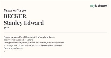 Becker Stanley Edward Death Notices Melbourne My Tributes