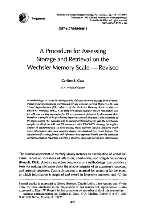 [pdf] A Procedure For Assessing Storage And Retrieval On The Wechsler Memory Scale Revised