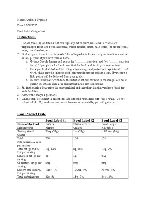 Food Label Assignment 1 Pdf
