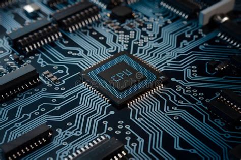 Circuit Board Closeup Showcasing Cpu And Intricate Blue Patterns Stock