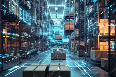 Futuristic Warehouse With Floating Shelves And Data Streams