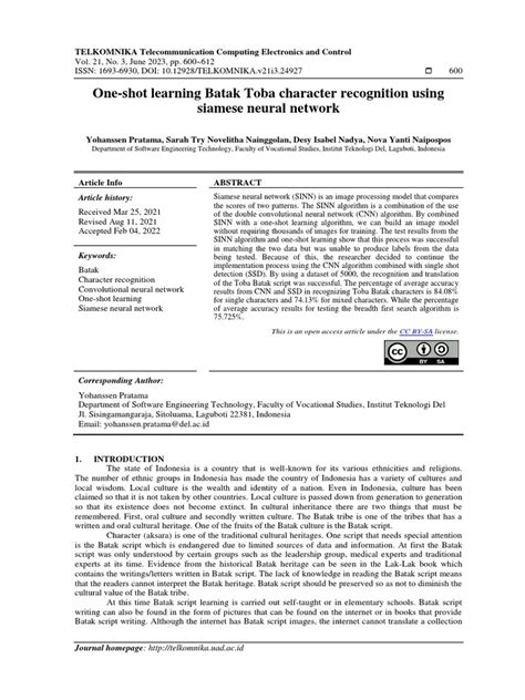 One Shot Learning Batak Toba Character Recognition Using Siamese Neural Network Pdf