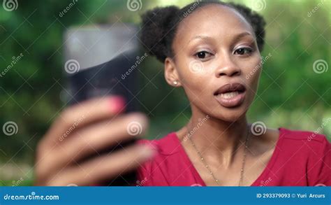 Black Woman Face And Selfie Outdoor In Nature Park Or Garden With