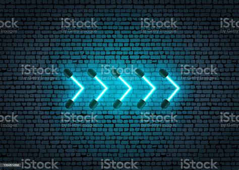 Blue Neon Glowing Arrow Pointer On Dark Brick Wall Stock Illustration