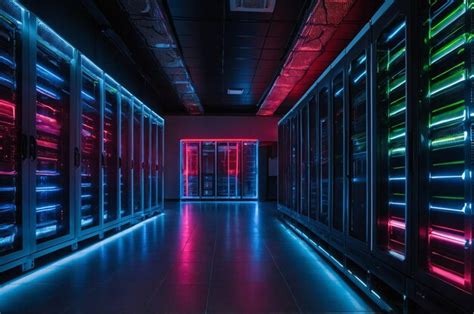 Modern Data Center With Illuminated Server Racks And Neon Lights
