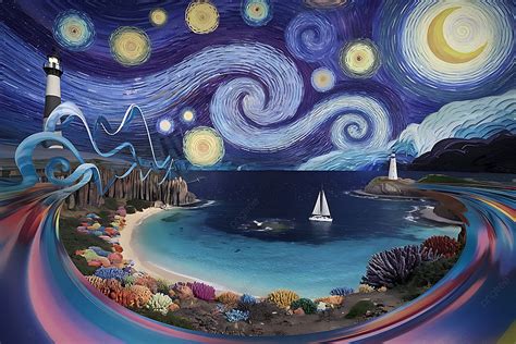 반 고흐에게 영감을 받은 하늘이 있는 환각적인 해안 풍경 환각적인 해안 초현실적인 해변 장면 디지털 아트 배경 일러스트 및 사진 무료 다운로드 Pngtree