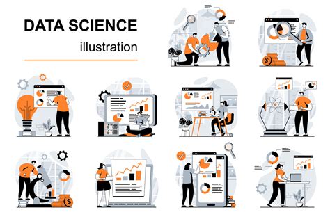 Datos Ciencias Concepto Con Personas Escenas Conjunto En Plano Diseño