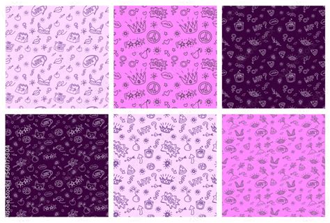 2000s Emo Girl Kawaii Style Seamless Patterns Set Texture Background