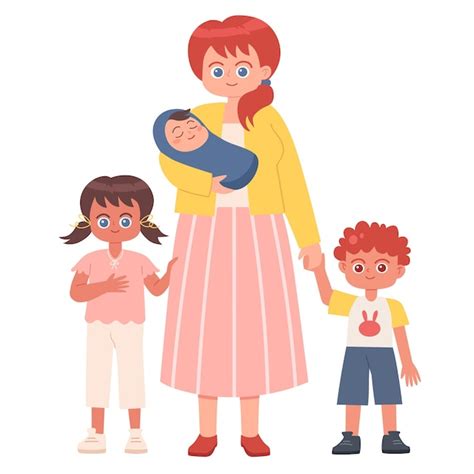 Feliz Madre Con Tres Hijos Vector De La Imagen Vector Premium