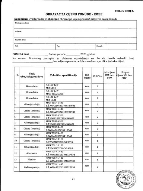 Obrazac Za Cijenu Ponude Pdf