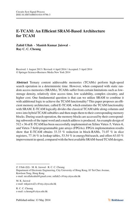 PDF Circuits Syst Signal Process E TCAM An Efficient SRAM Based Architecture For TCAM