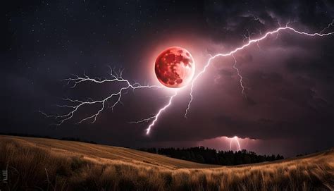 Lunar Eclipse With Lightning Storm Premium Ai Generated Image