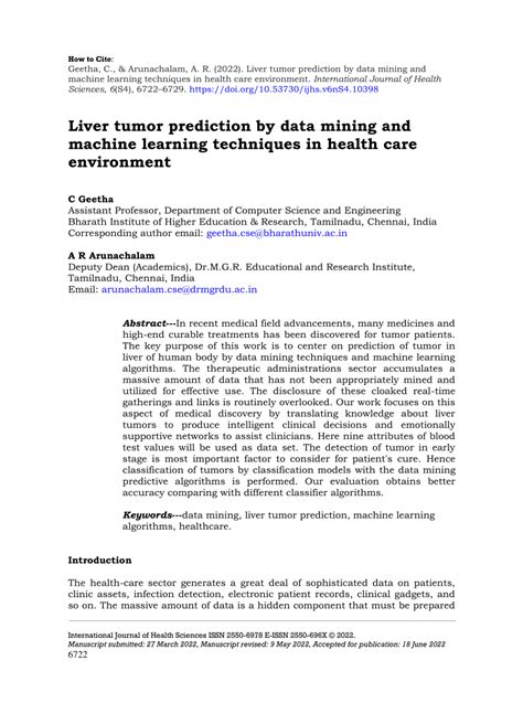 PDF Liver Tumor Prediction By Data Mining And Machine Learning Techniques In Health Care