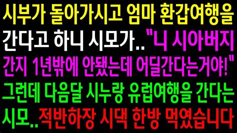 반전사연시부가 돌아가시고 엄마 환갑여행을 간다고 하니 시모가 게거품을 무는데그런데 시누랑 유럽여행 간다는 적반하장 시모