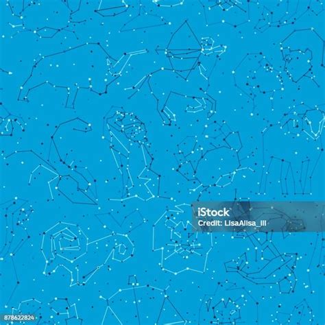 별자리 완벽 한 패턴 라인와 푸른 하늘에 별과 별자리 스타일에 모든 조디악 표지판 별이 빛나는 조디악 기호의 끝 없는 배경 검은색에 대한 스톡 벡터 아트 및 기타 이미지