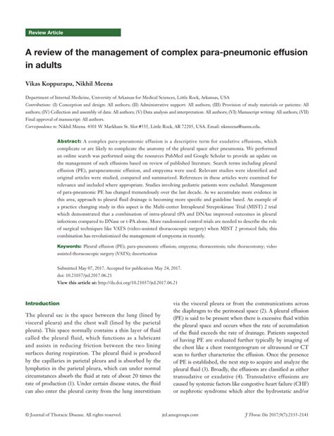 Pdf A Review Of The Management Of Complex Para Pneumonic Effusion In