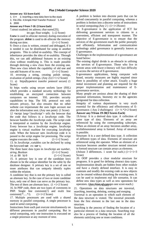 Computer Science Answer Key Kerala Xii Model Exam February 2020 Plus