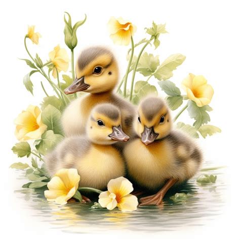 Premium Ai Image There Are Three Ducks Sitting On A Flowery Patch Of