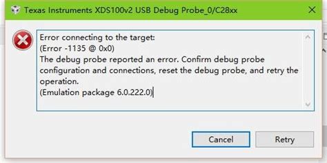 c28xx error connecting to the target error 1135 0x0 the debug
