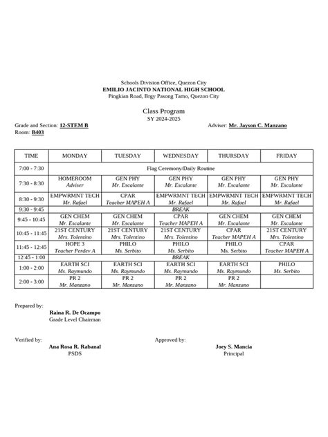 Class Program Grade 12 Pdf