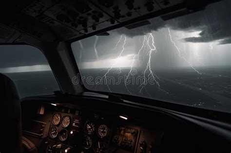 The Cockpit View Of An Airplane In A Thunderstorm Generative Ai Stock